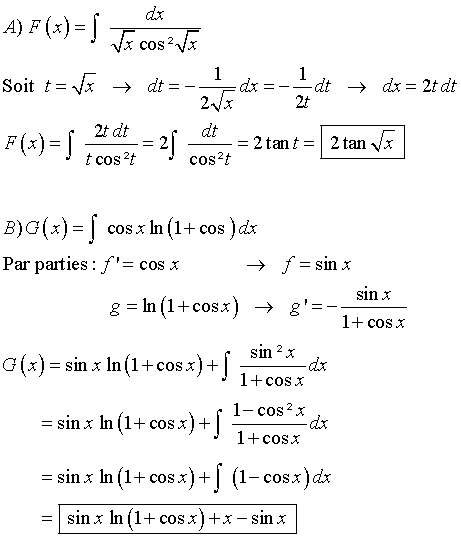 Solution d'exercices 5 d'intégrales et de primitives